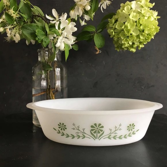Glasbake | Kitchen | Vintage 6s Mcm Glasbake Milk Glass Green Primrose ...